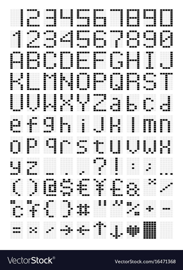 Pixeled led font letters and numbers Royalty Free Vector