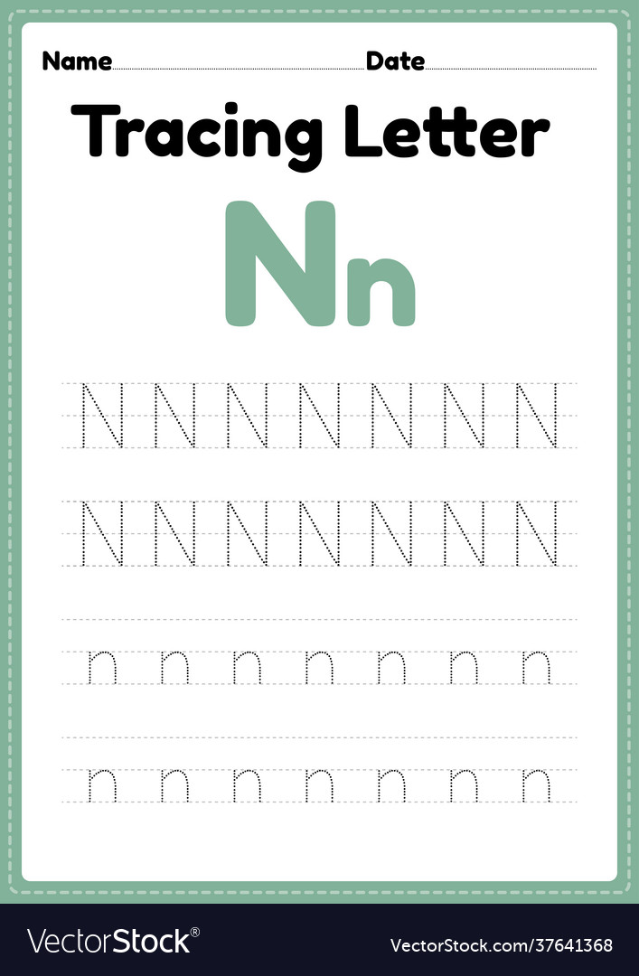 Tracing letter n alphabet worksheet Royalty Free Vector