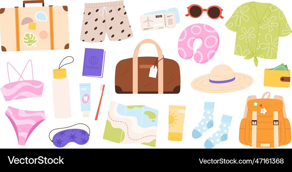 Travel trip accessories trendy suitcase items Vector Image