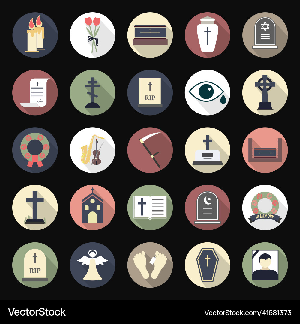 Funeral icons in flat style on colored circles Vector Image