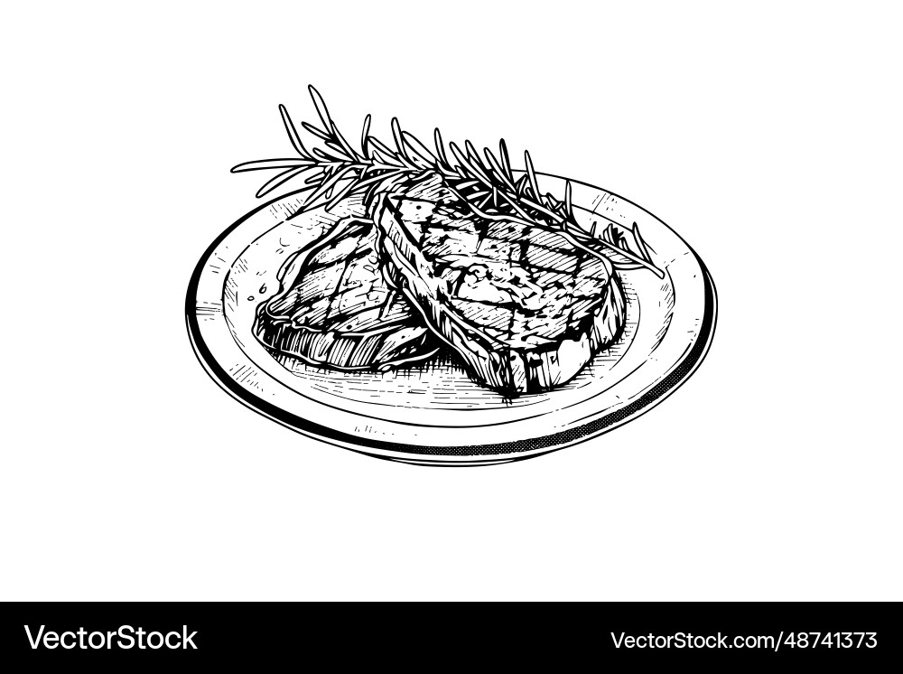 Meat steak on the plate hand drawing sketch Vector Image