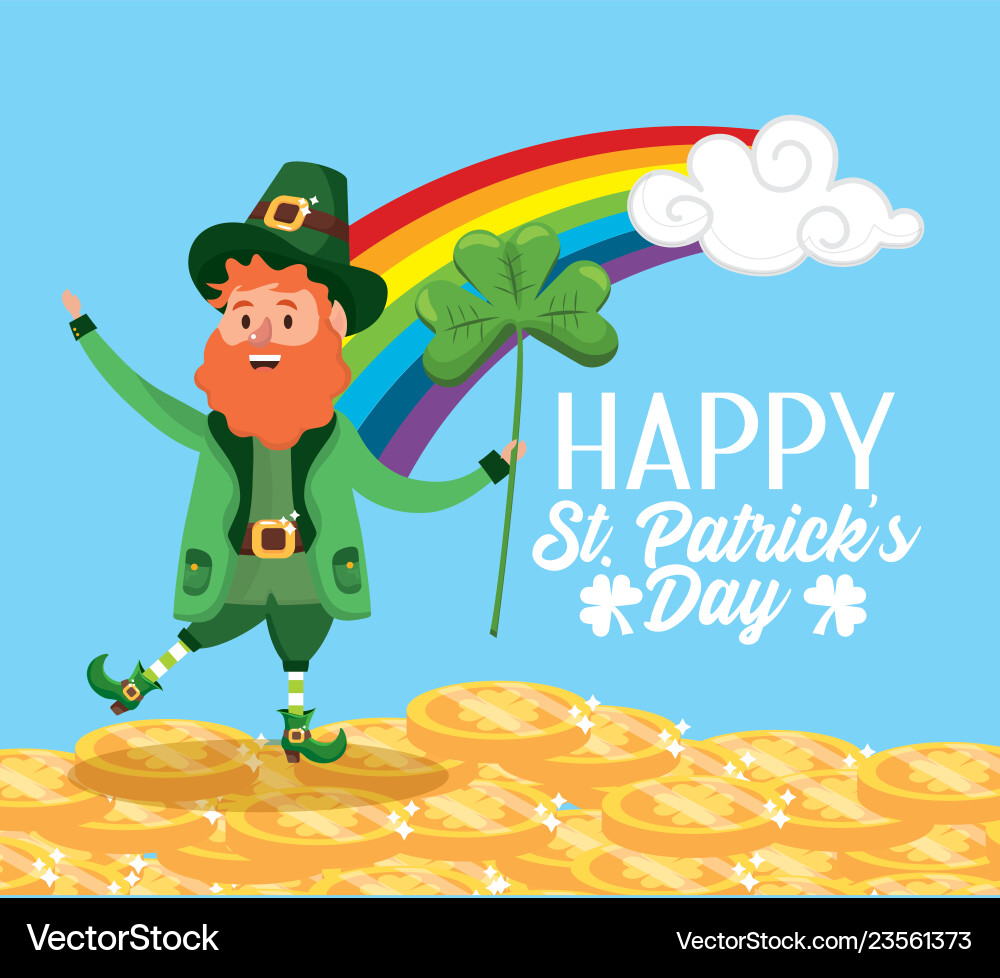 St patrick man with clover and gold coins Vector Image