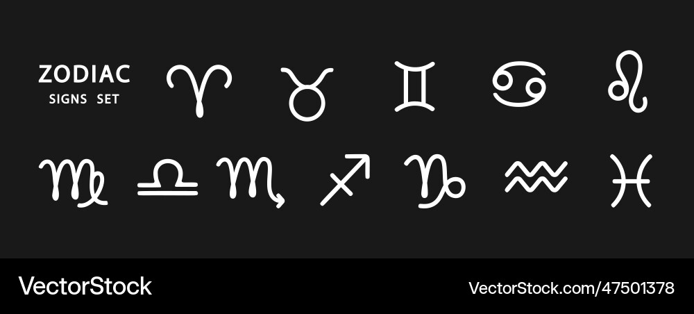 Zodiac white signs set isolated on dark background