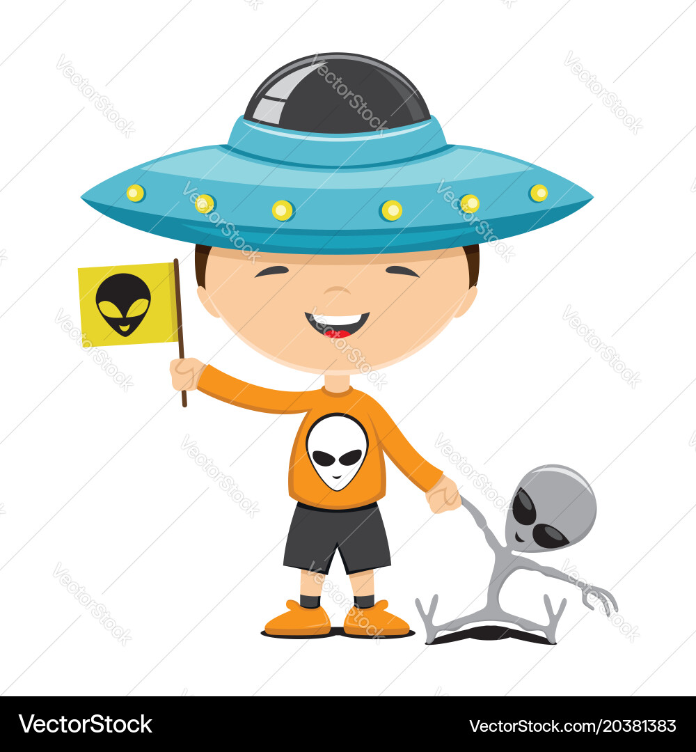 Cheerful child with an alien toy Royalty Free Vector Image