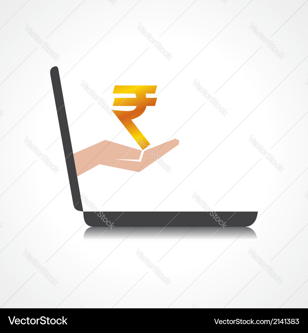 Hand holding rupee symbol comes from laptop screen