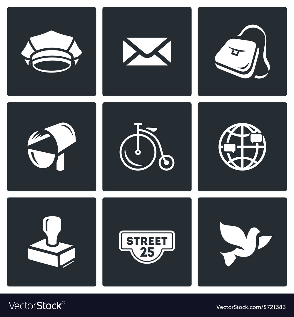 Set post office icons postman letter Royalty Free Vector