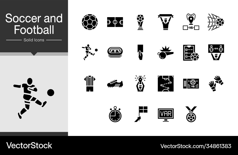 Soccer and football icons solid design Royalty Free Vector