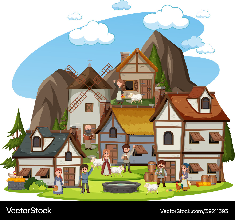 Medieval village with villagers on white Vector Image