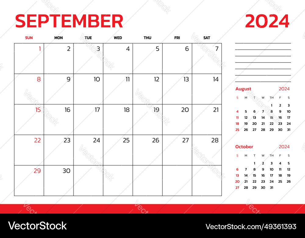 September 2024 calendar week start on sunday Vector Image
