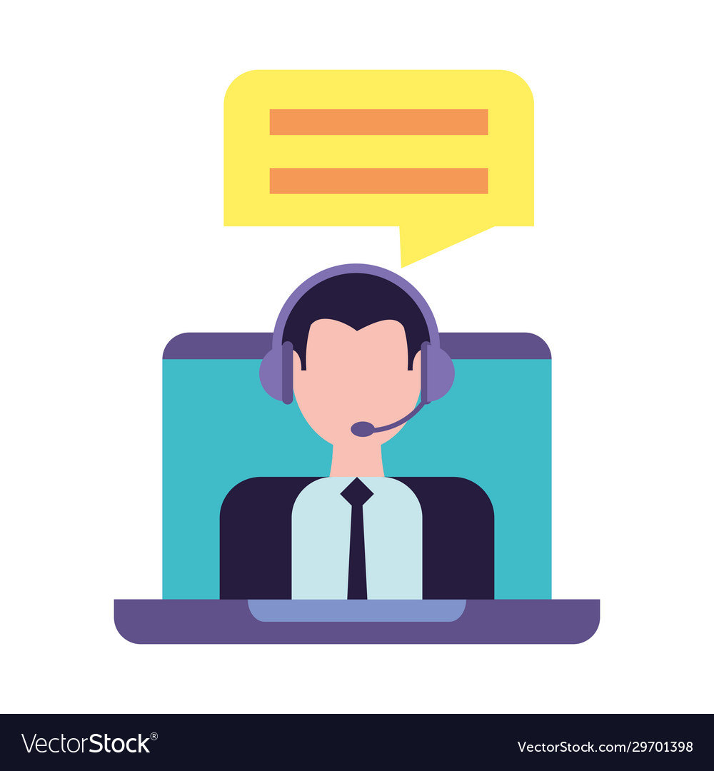 Man operator on laptop screen with headphones Vector Image