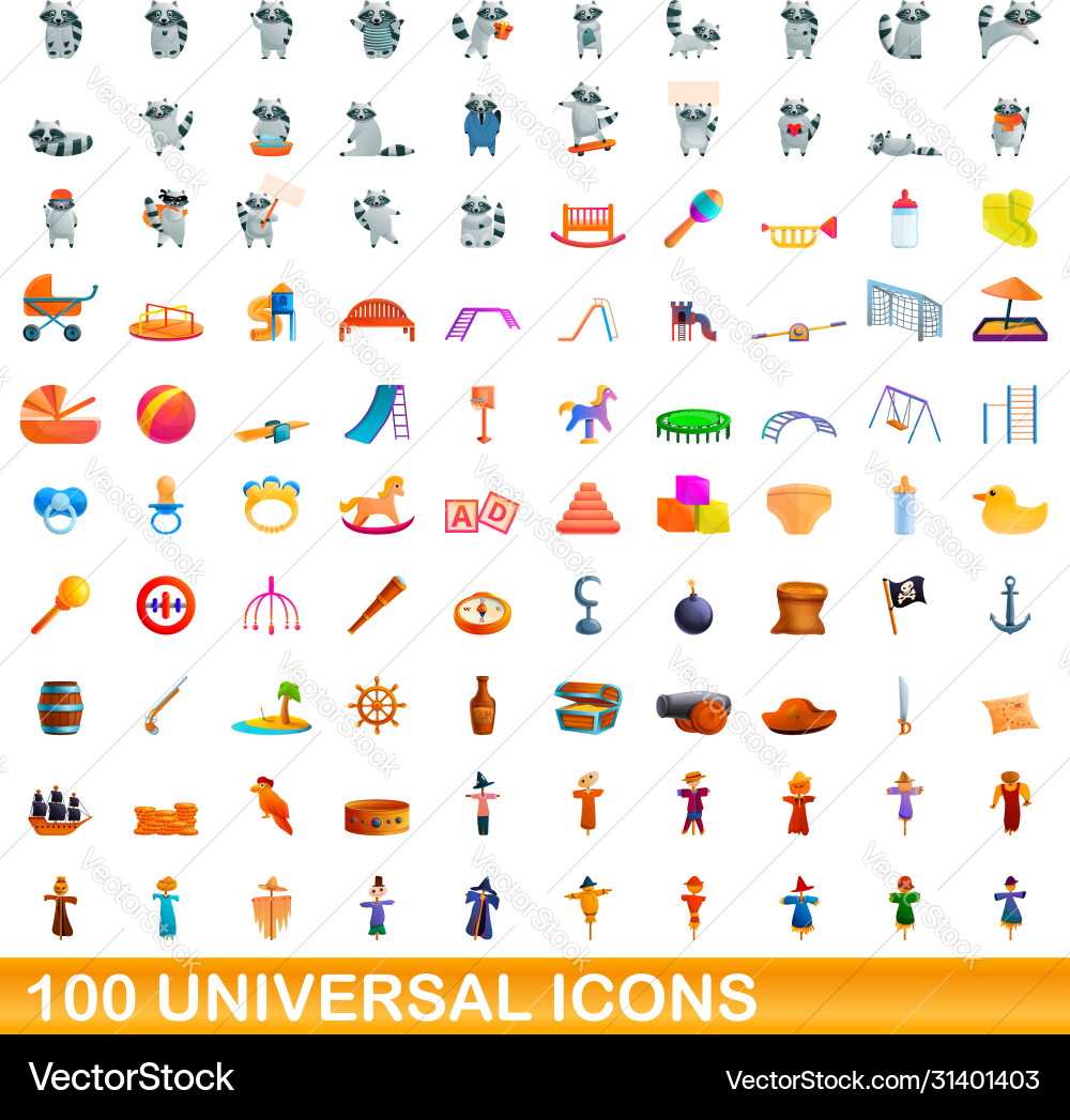 100 universal icons set cartoon style Royalty Free Vector