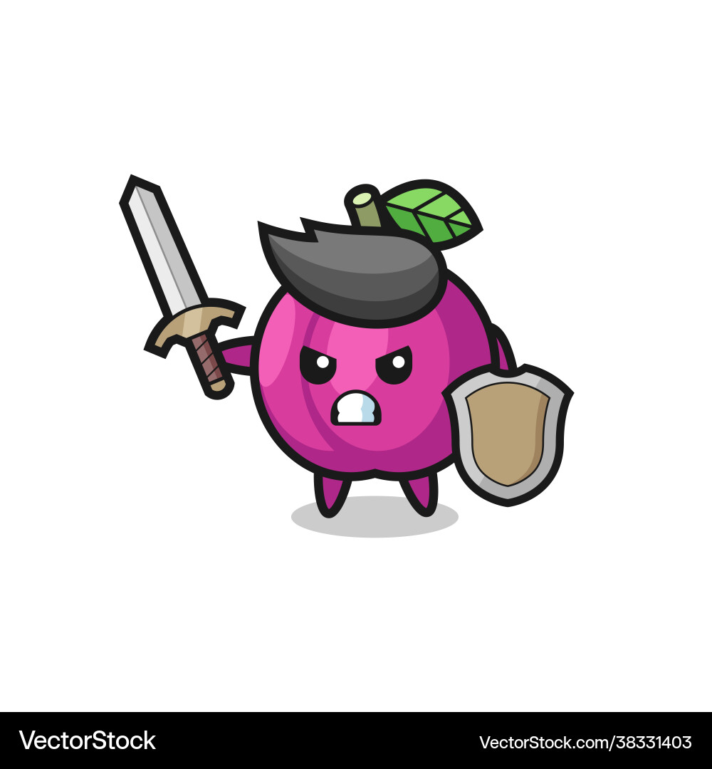 Cute plum fruit soldier fighting with sword Vector Image