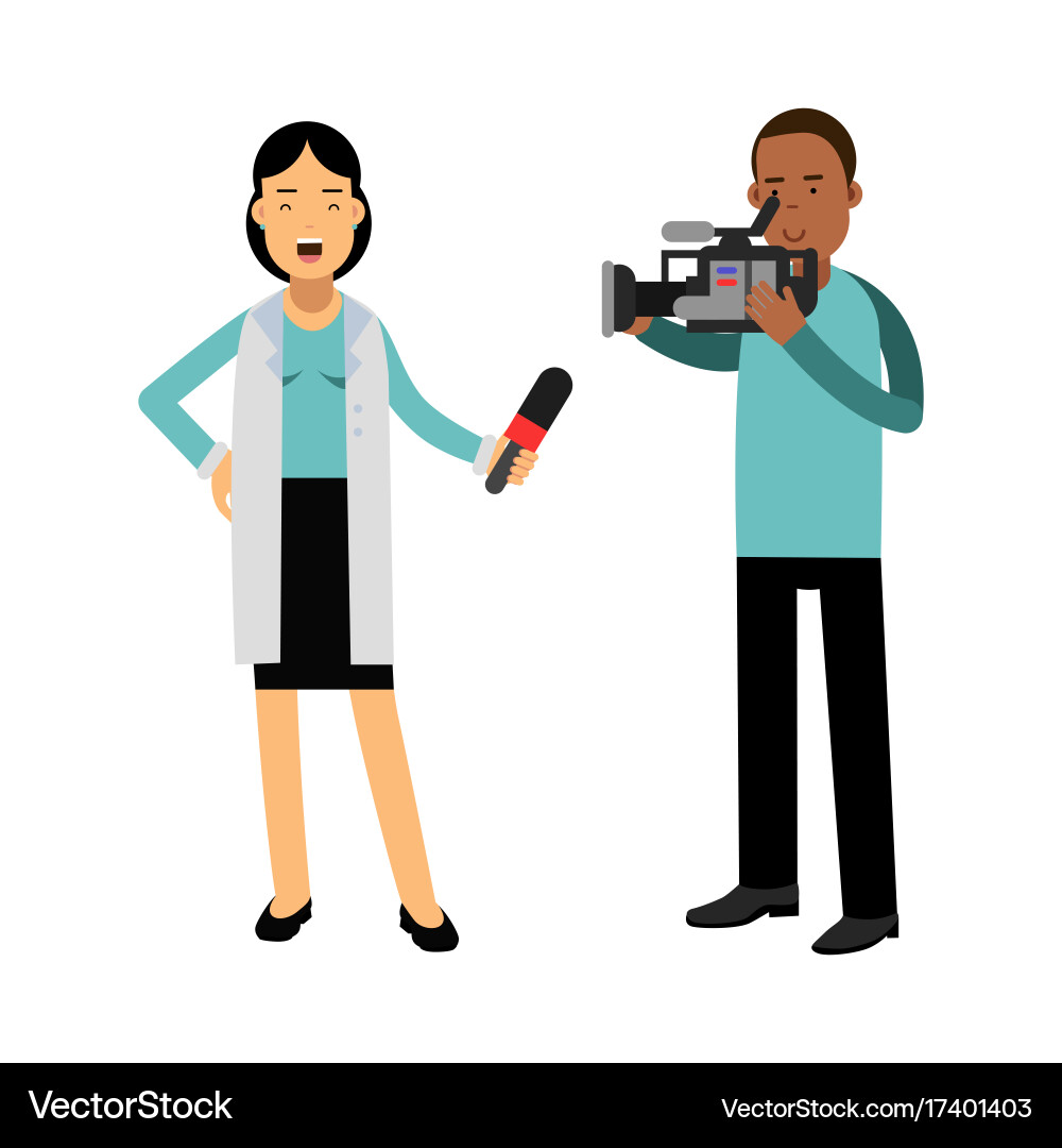 Female reporter and cameraman operator characters Vector Image