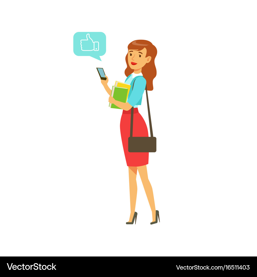 Young elegant woman standing and sending a message