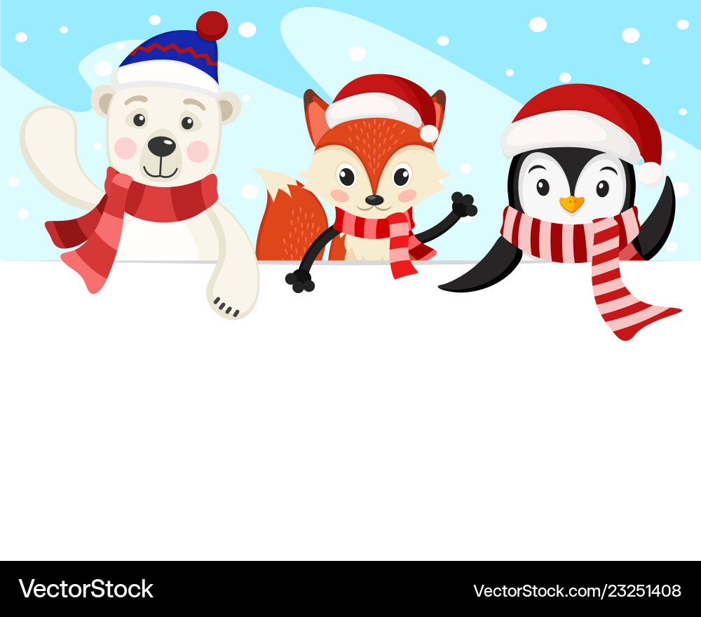 A polar bear fox and penguin in hats Royalty Free Vector