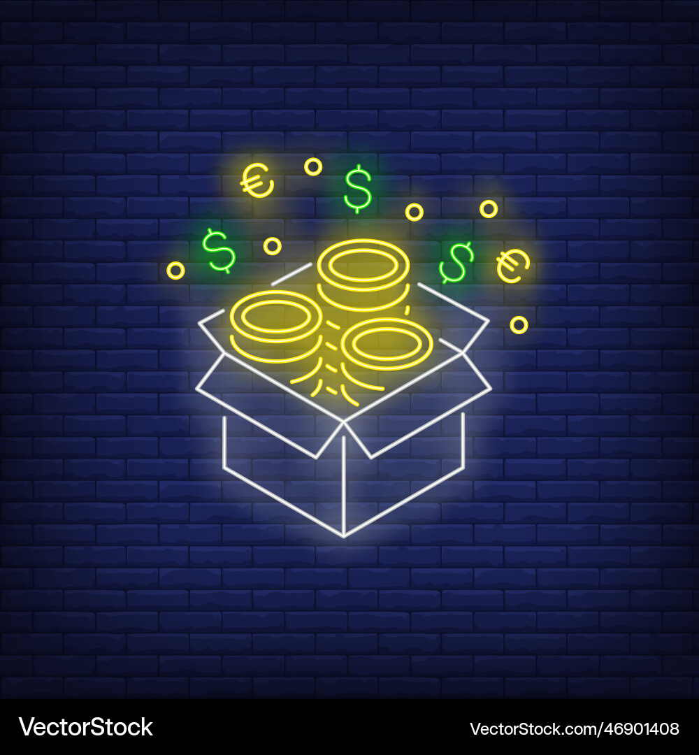 Box with gold coins neon sign Royalty Free Vector Image
