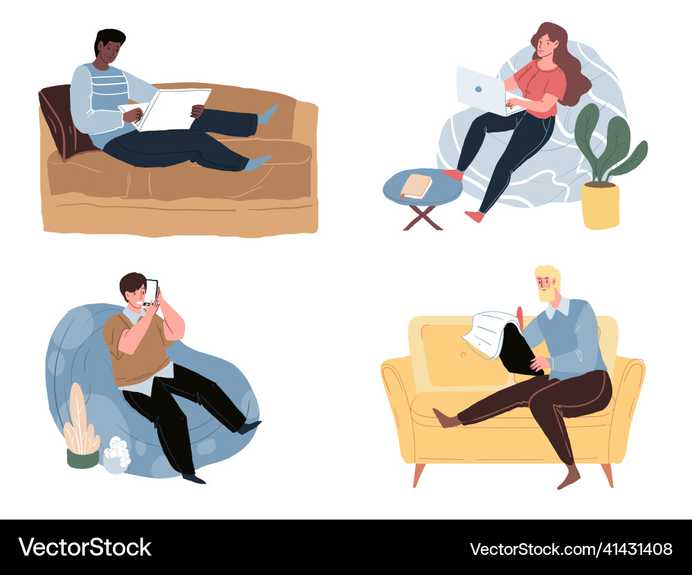 Cartoon flat characters sitting on sofa and chairs