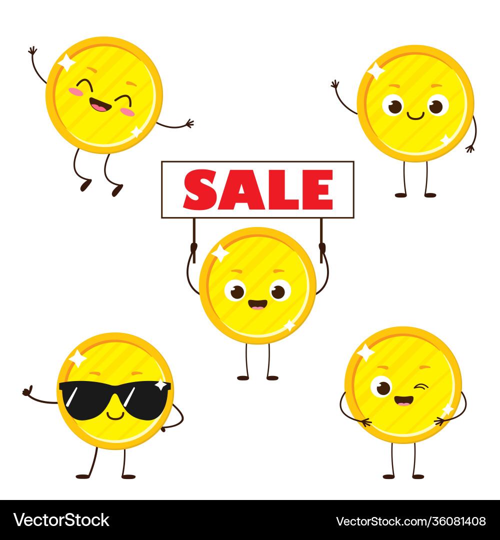 Cute cartoon coin character set Royalty Free Vector Image