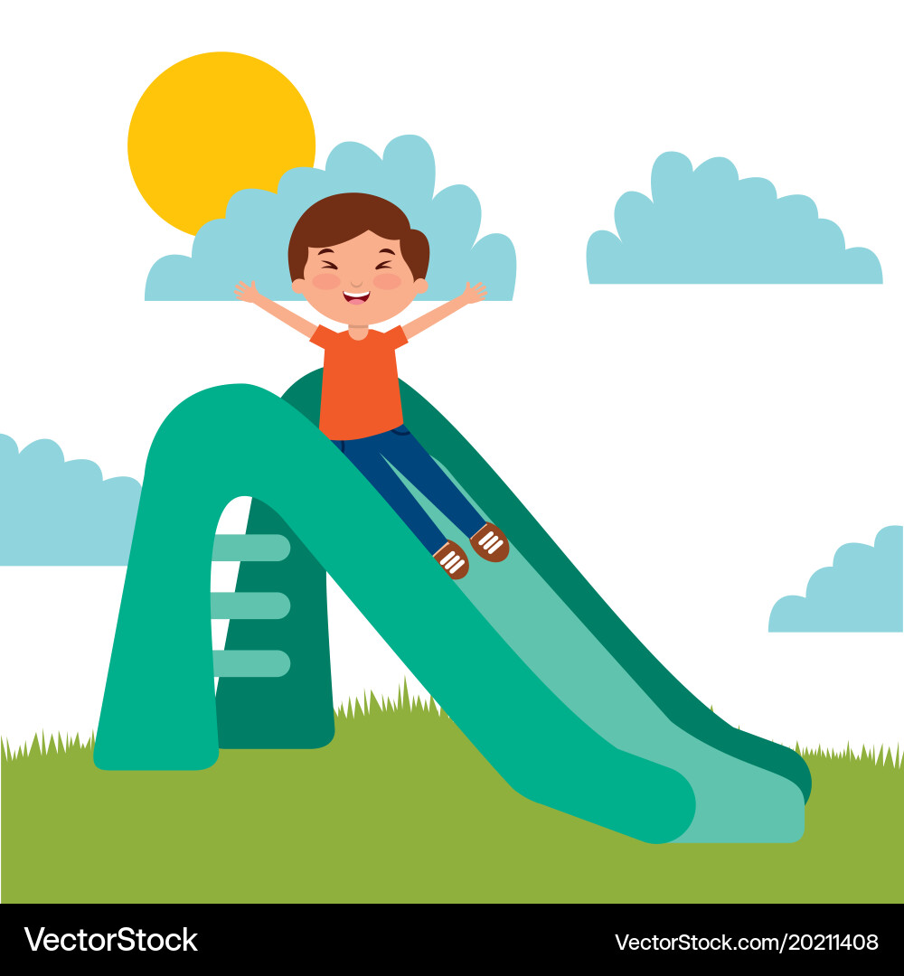 Cute happy boy playing slider enjoying Royalty Free Vector