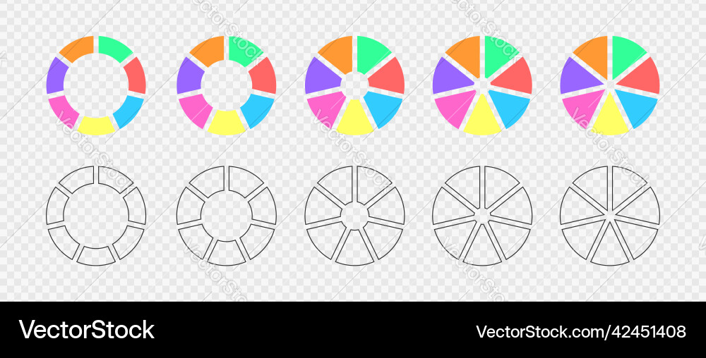 Donut charts divided in 7 multicolored and graphic