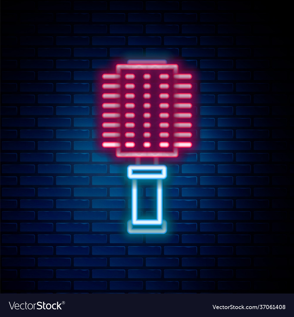 Glowing neon line hairbrush icon isolated on brick