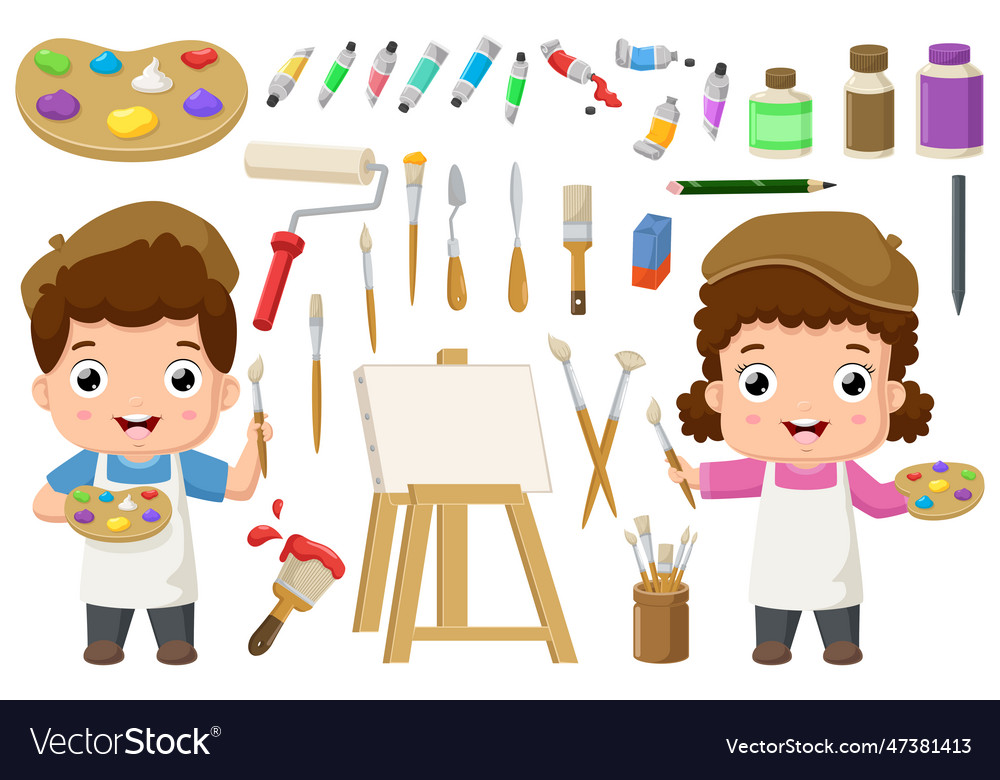 Cute little painter with painting tools elements Vector Image Cute little painter with painting tools elements Vector Image