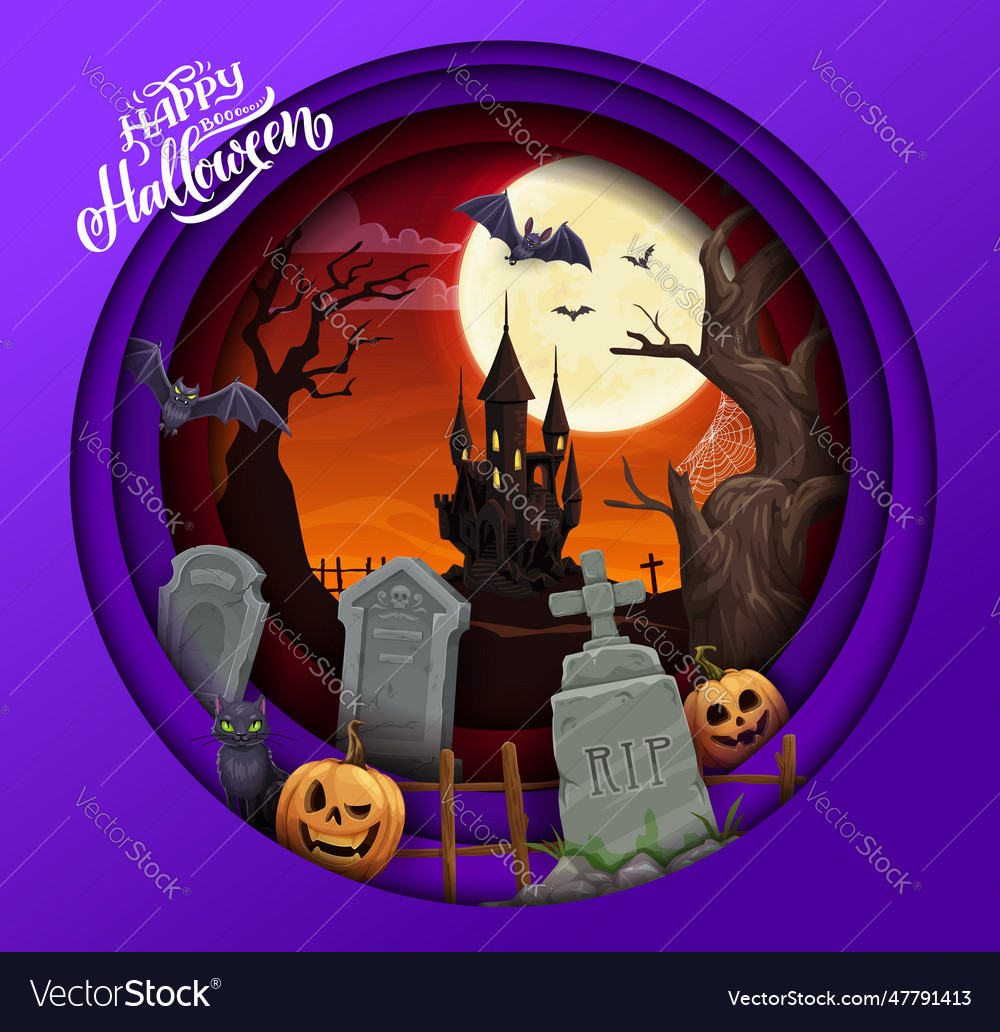 Halloween paper cut cartoon cemetery and pumpkins Vector Image