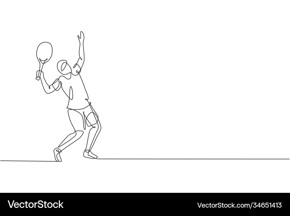 One continuous line drawing young happy tennis Vector Image