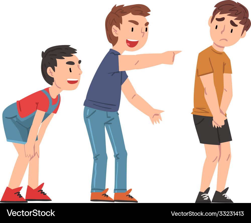 Sad boy bullied others two boys mocking Royalty Free Vector