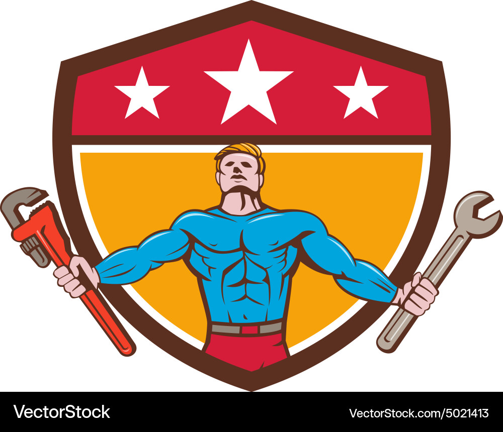 Superhero handyman spanner wrench shield cartoon Vector Image