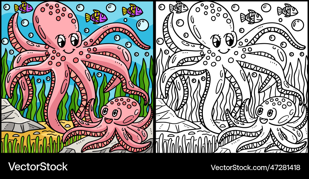 Mother octopus and baby octopus Royalty Free Vector Image