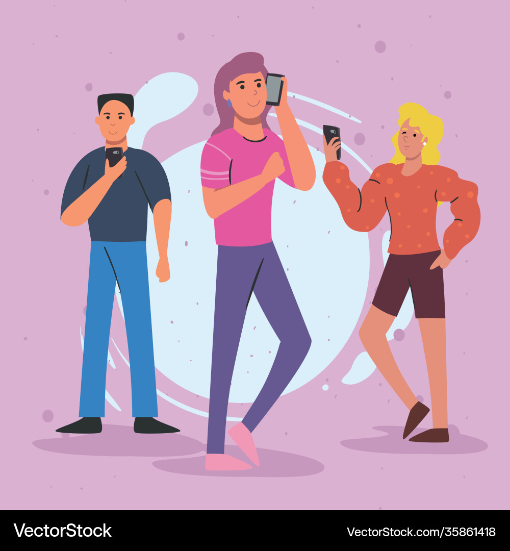 People with smartphone on purple background Vector Image