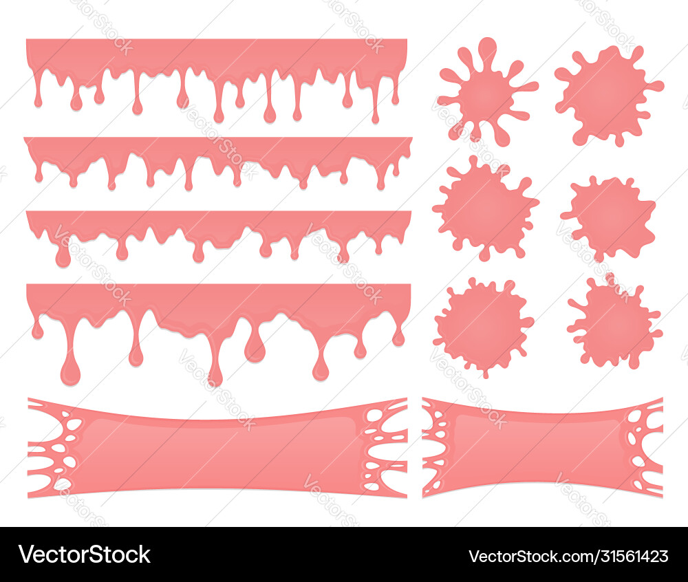 Set pink bubble gum drops and splash stains Vector Image