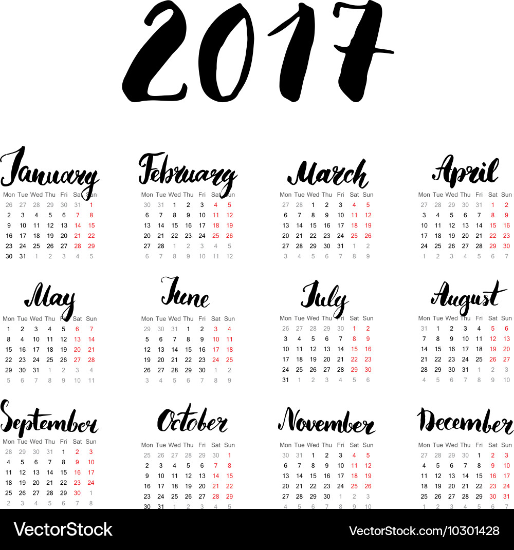 Calendar 2017 year one sheet hand drawn month Vector Image
