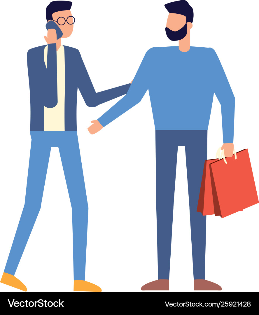 Man using smartphone and with shopping bags Vector Image