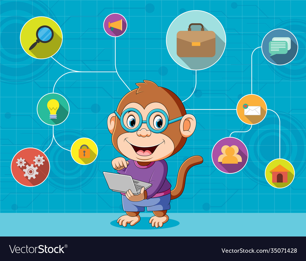 Monkey doing multitasking with mind map Royalty Free Vector