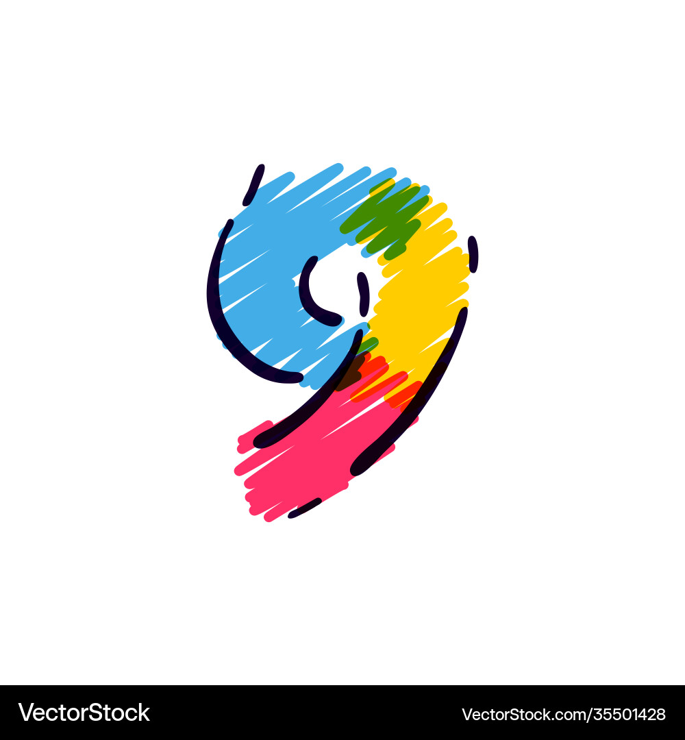 Number nine logo hand drawn with a colored pencils