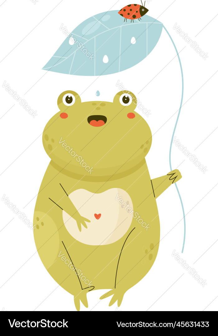 Cute happy frog sitting with a leaf umbrella Vector Image