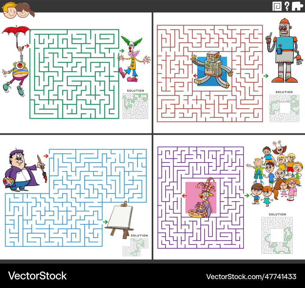Maze games activity set with cartoon characters Vector Image