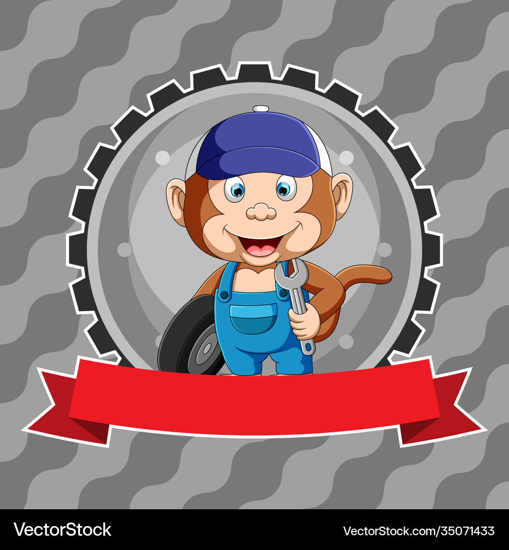 Mechanic monkey holding wheels and wrench Vector Image