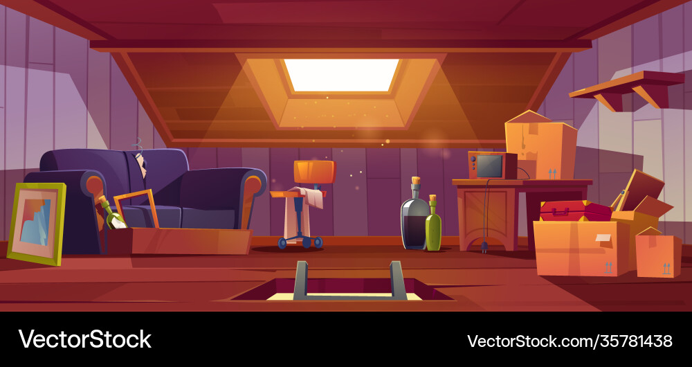 Attic room with ladder in hatch old things window Vector Image