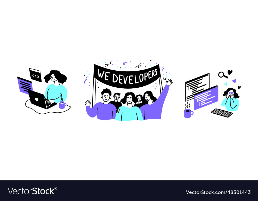 Cartoon color web development concept scenes set Vector Image
