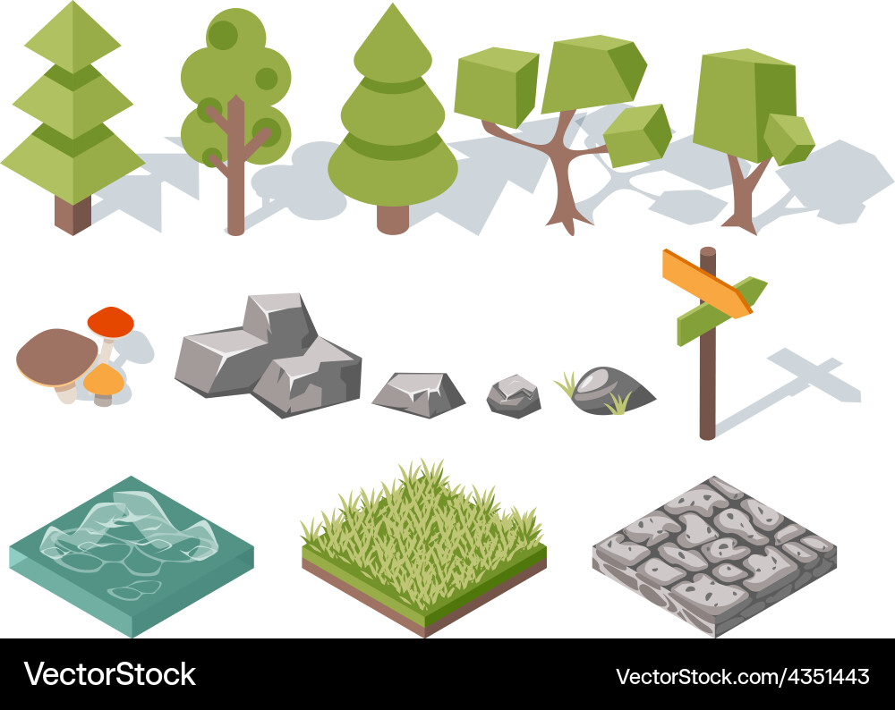 Flat elements of nature Trees bushes rocks Vector Image