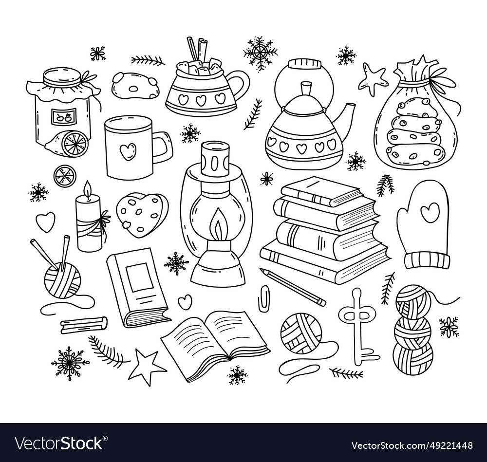 Cozy winter and hobby doodle collection books Vector Image