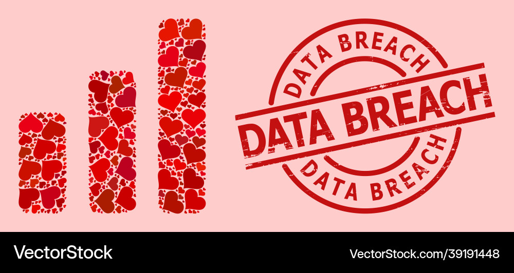 Grunge data breach stamp and red heart bar chart Vector Image