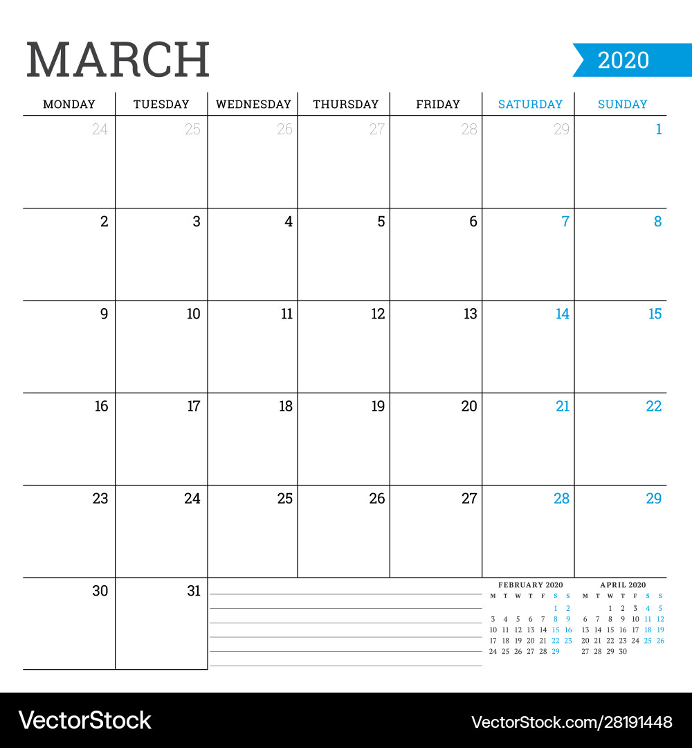 March 2020 square monthly calendar planner Vector Image