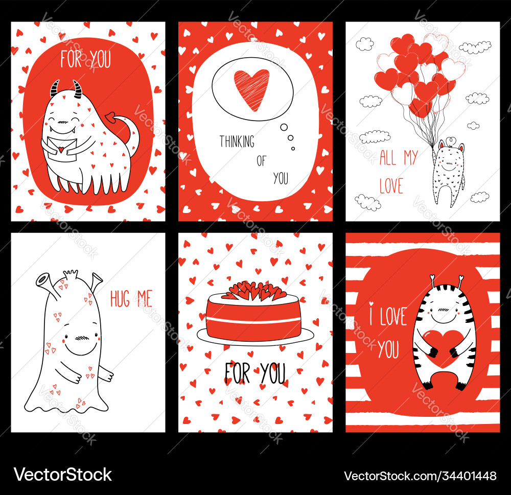 Set valentines day cards with cute monsters Vector Image