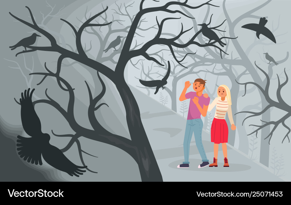 Black ravens attacking a man and woman Royalty Free Vector
