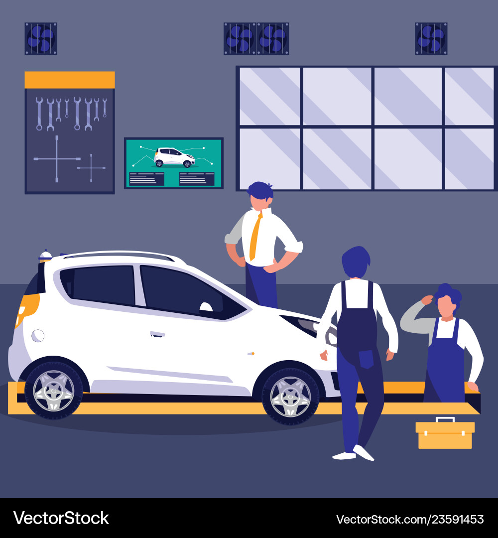 Car in maintenance workshop with mechanics team Vector Image