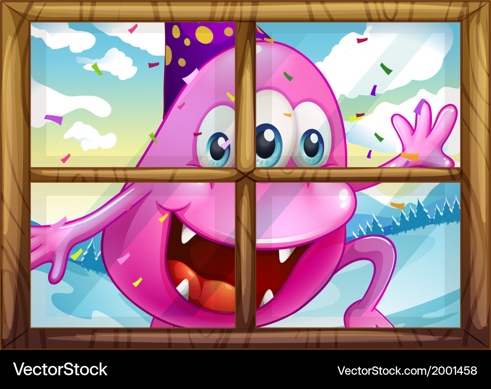 A pink monster outside the window Royalty Free Vector Image